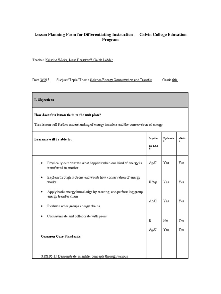Energy Transfer Lesson Plan | PDF | Lesson Plan | Cognitive Science