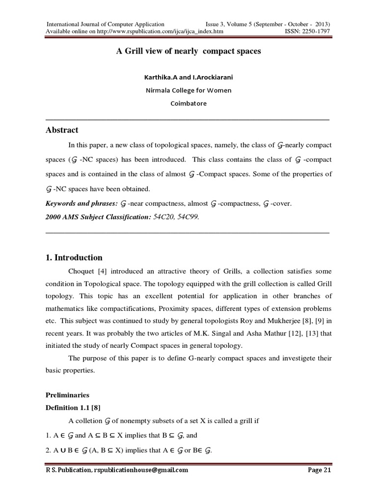 A Grill View of Nearly Compact Spaces: Karthika.A and I.Arockiarani | PDF | Compact Space ...