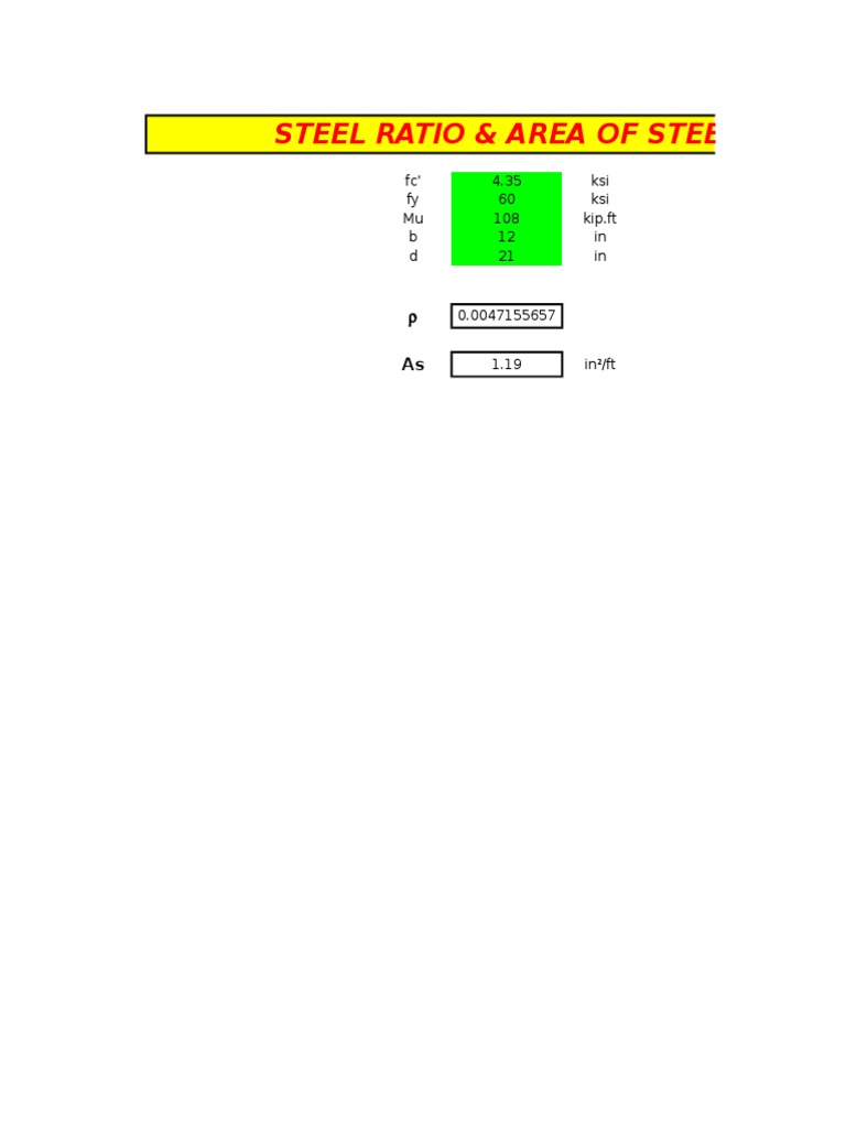 Steel Ratio & Area of Steel: FC' 4.35 Ksi Fy 60 Ksi Mu 108 Kip - FT B ...