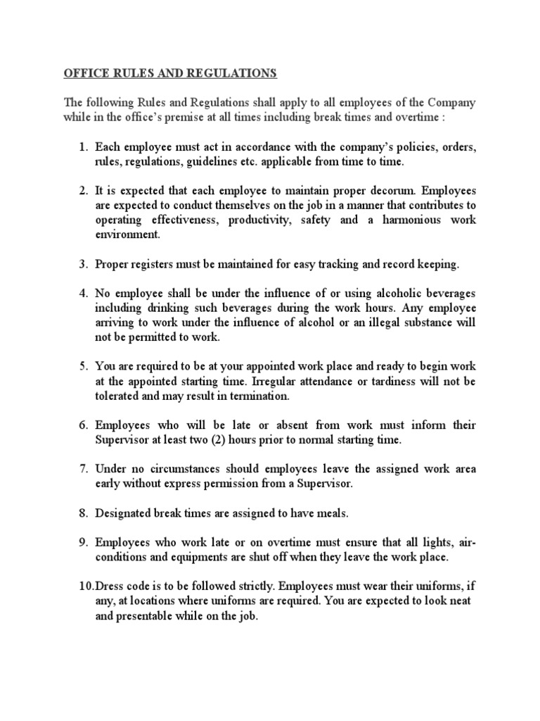 Rules Regulations For The Employees | PDF