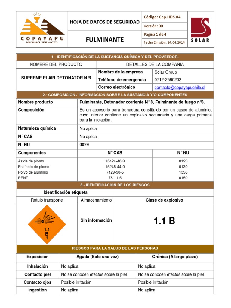 Ficha Seguridad Solar Plain Detonator N°8 | Descargar gratis PDF ...
