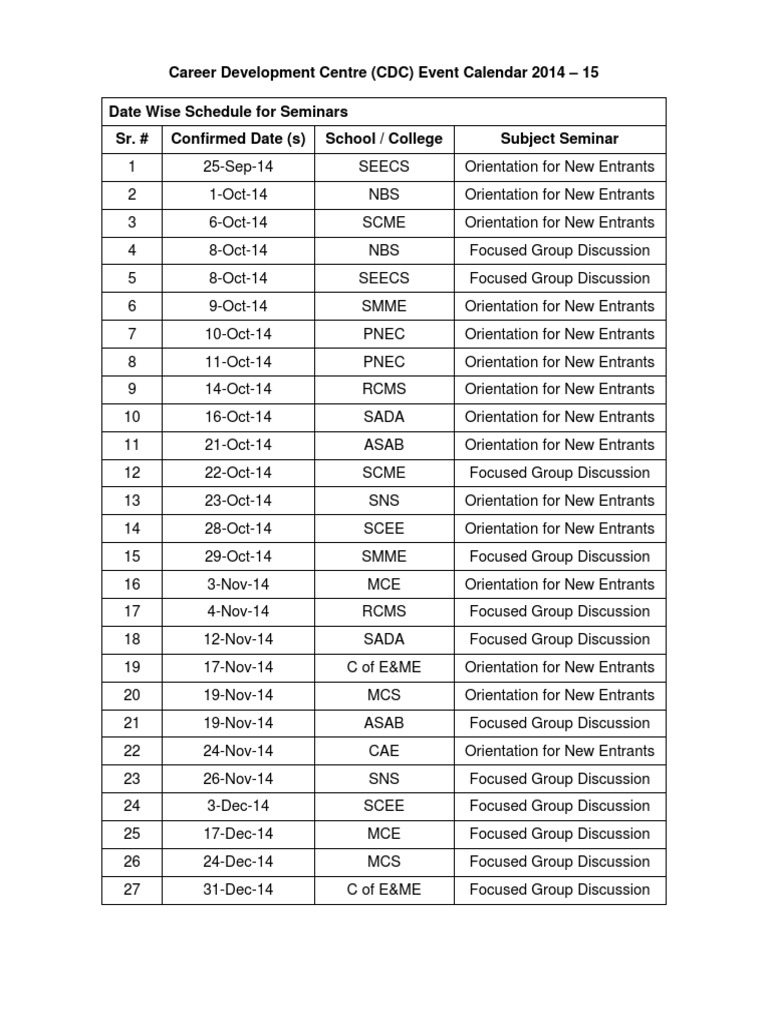 CDC Event Calendar 2014-15 | PDF