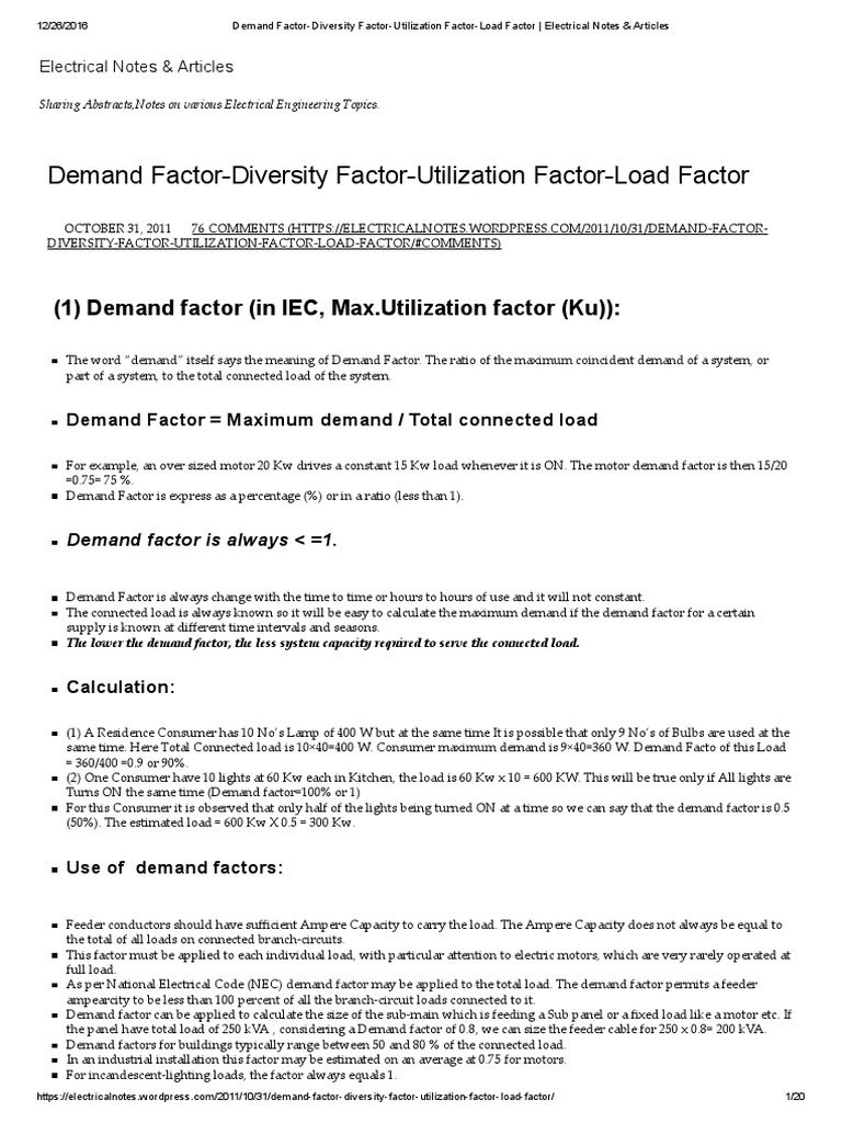 Demand Factor-Diversity Factor-Utilization Factor-Load Factor ...