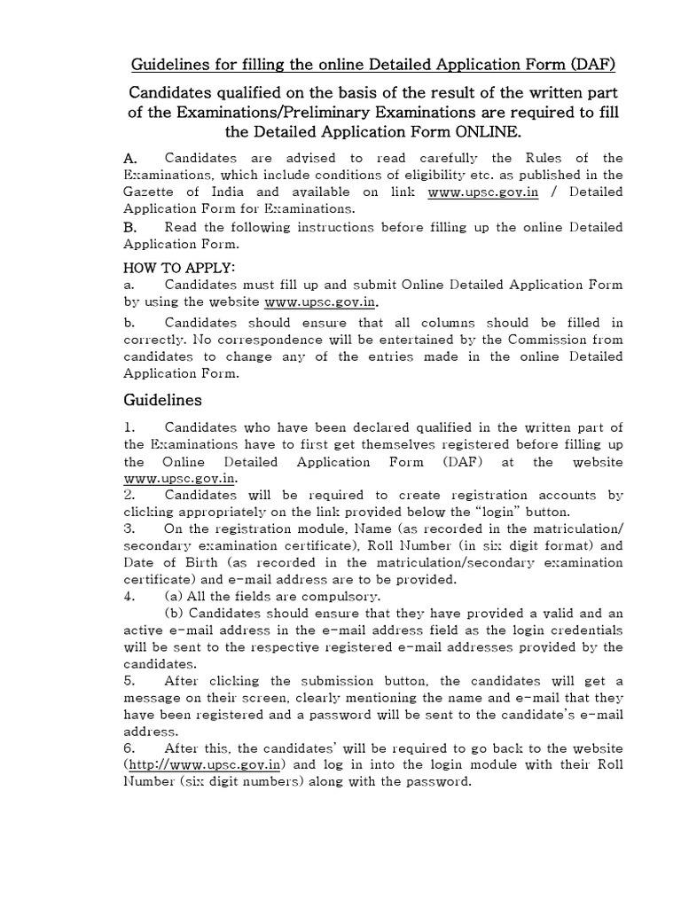 Guidelines For Filling The Online Detailed Application Form (DAF) (1 ...