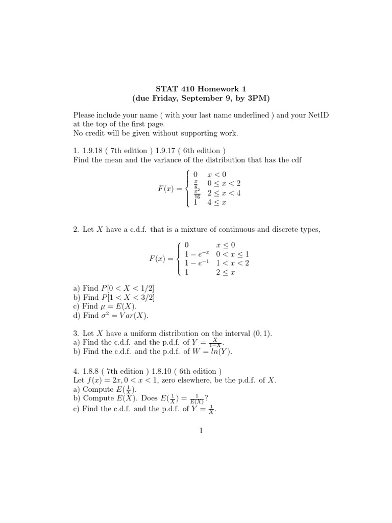 410Hw01 PDF | PDF | Probability Density Function | Measure Theory
