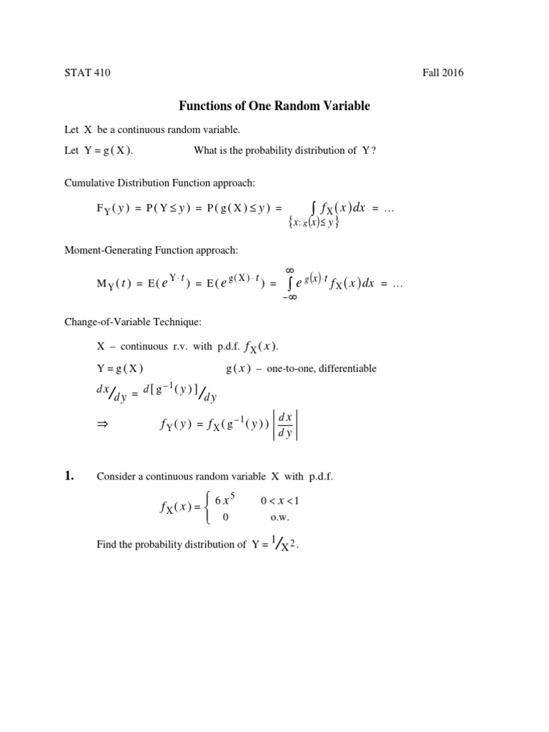 Functions of Random Variable PDF | PDF