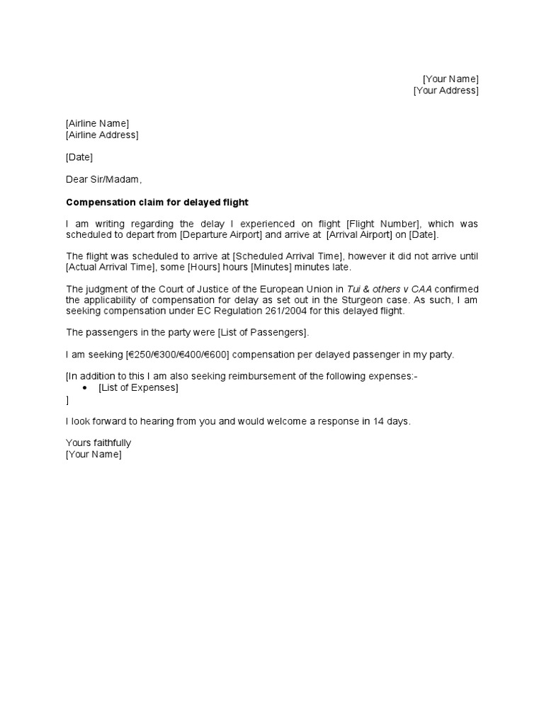 Flight Delay Compensation Claim Letter | PDF