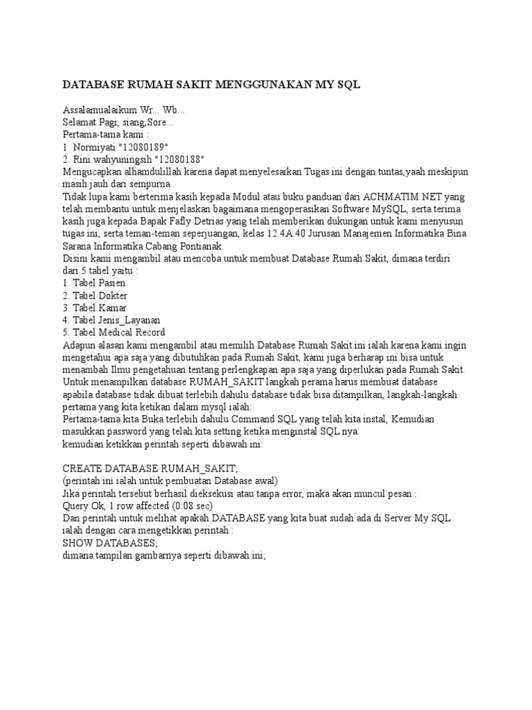 Rancangan Database Rumah Sakit MySQL | PDF