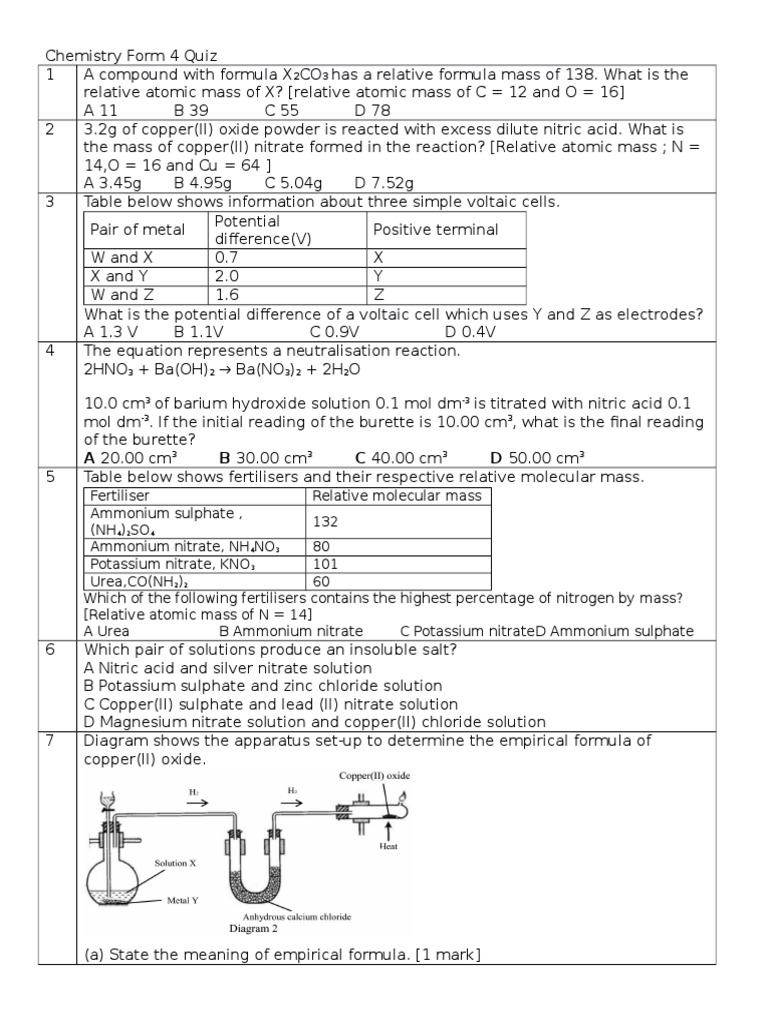 Form 4 Chemistry Quiz Questions | PDF | Sets Of Chemical Elements ...