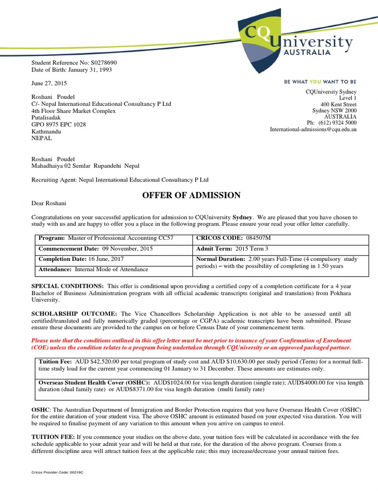 S0278690 - Letter of Offer - 27 June 2015 | PDF | Travel Visa | Payments