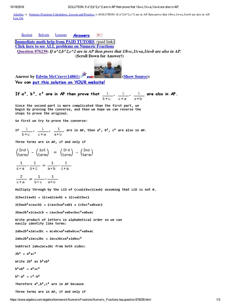 If A 2 B 2 C 2 Are In AP Then Prove That 1 b c 1 c a 1 a b Are Also