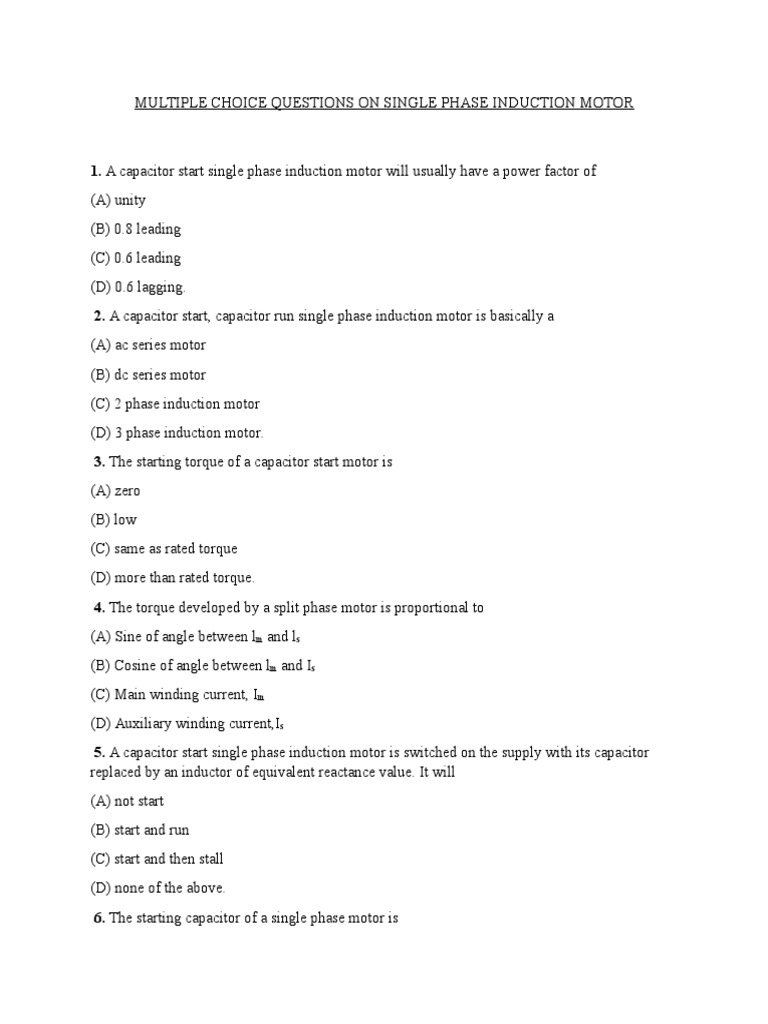 Single Phase Induction Motor MCQs | PDF | Electric Motor | Capacitor