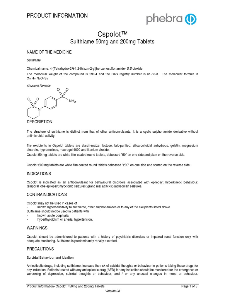 Ospolot Sulthiame 50 MG - 200 MG Tablet PI V08 DT 21 Nov 2013 | PDF ...