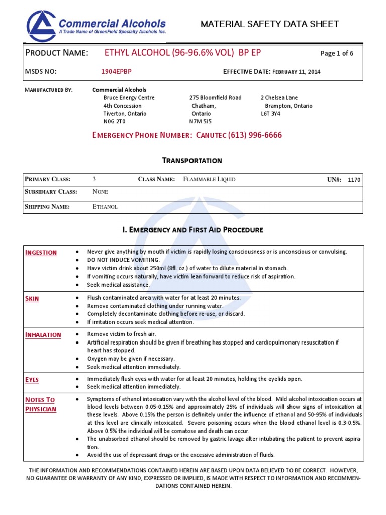 Ethyl Alcohol (96%) MSDS Overview | PDF | Ethanol | Materials