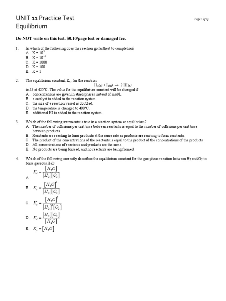 Equilibrium Practice Test | PDF | Gases | Chemical Equilibrium