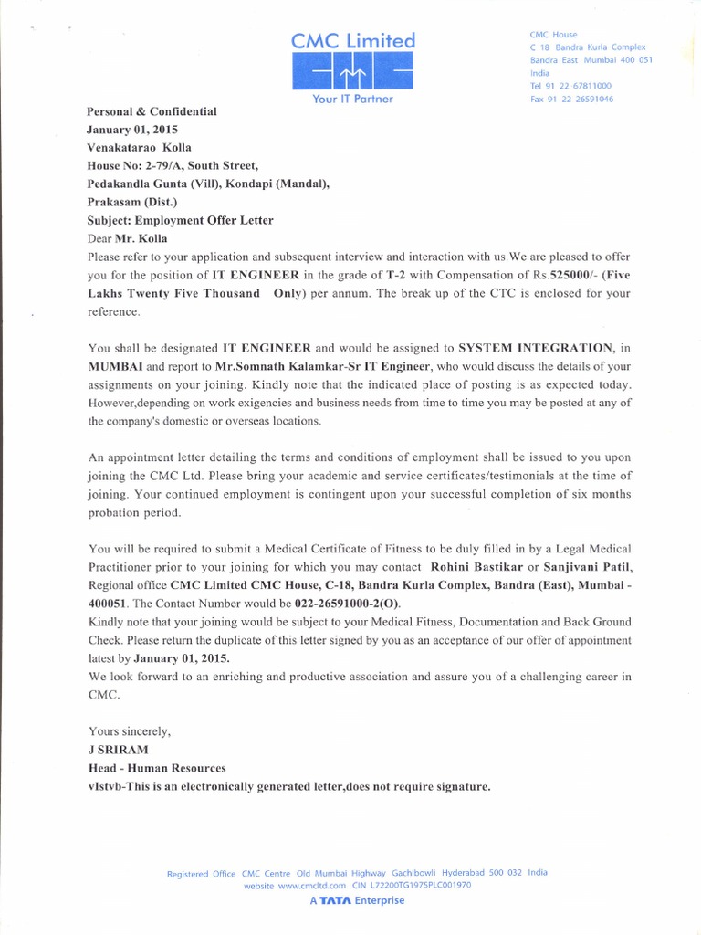 CMC Offer Letter | PDF