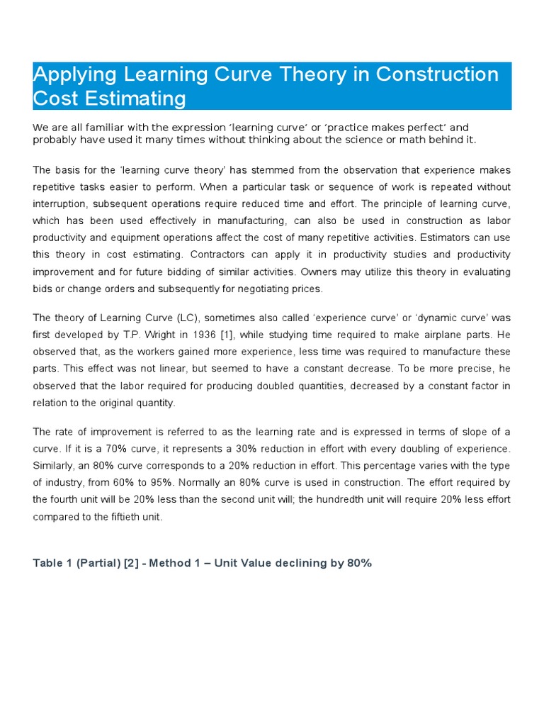 Applying Learning Curve Theory in Construction Cost Estimating | PDF ...