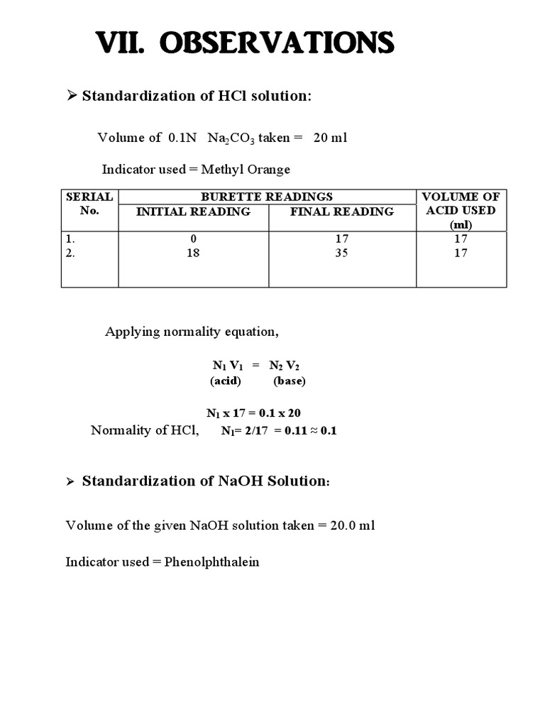 Vii. Observ@Tions: Standardization of HCL Solution | PDF