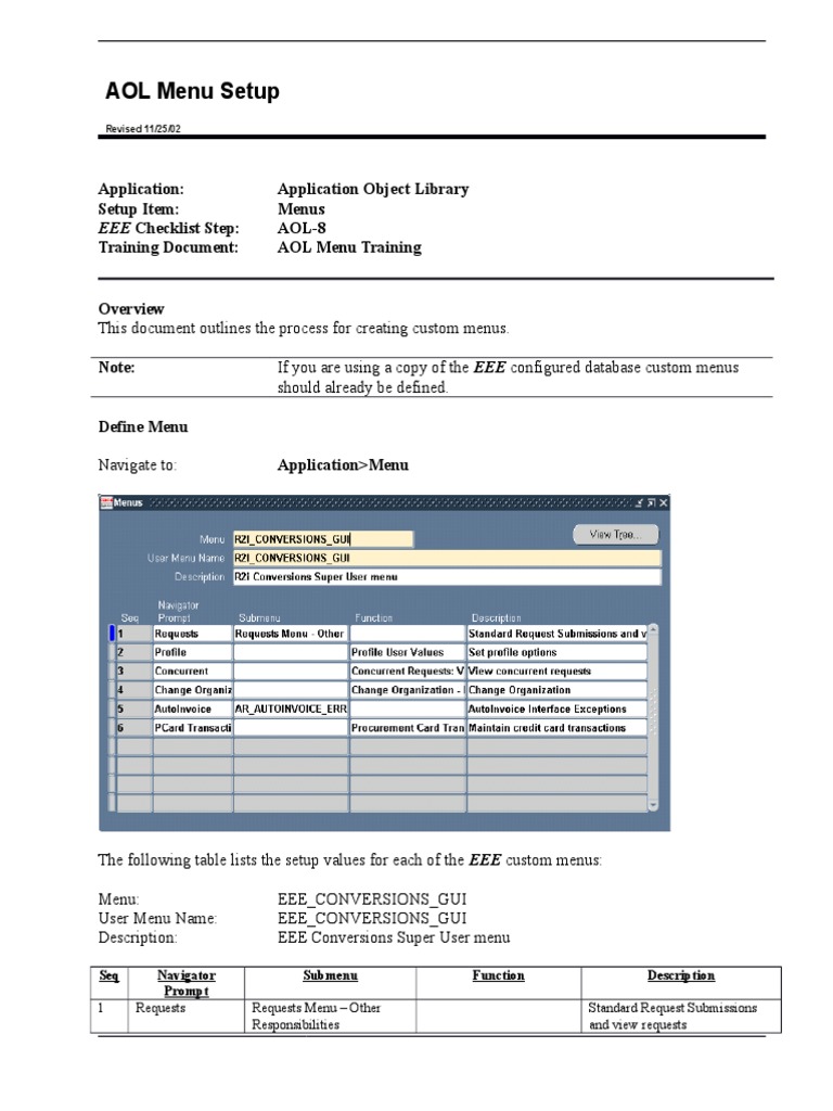 AOL Menu Setup: Application: Application Object Library Setup Item: Menus AOL-8 Training ...