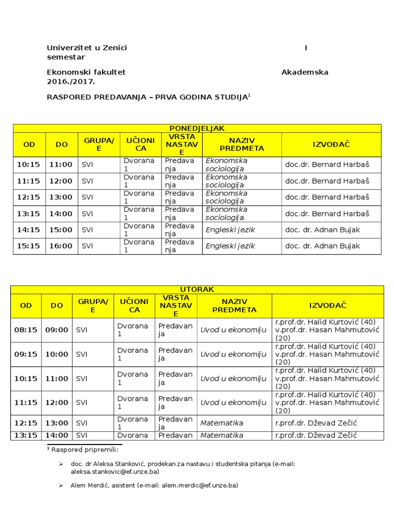 Raspored Predavanja EFZE Prva Godina | PDF