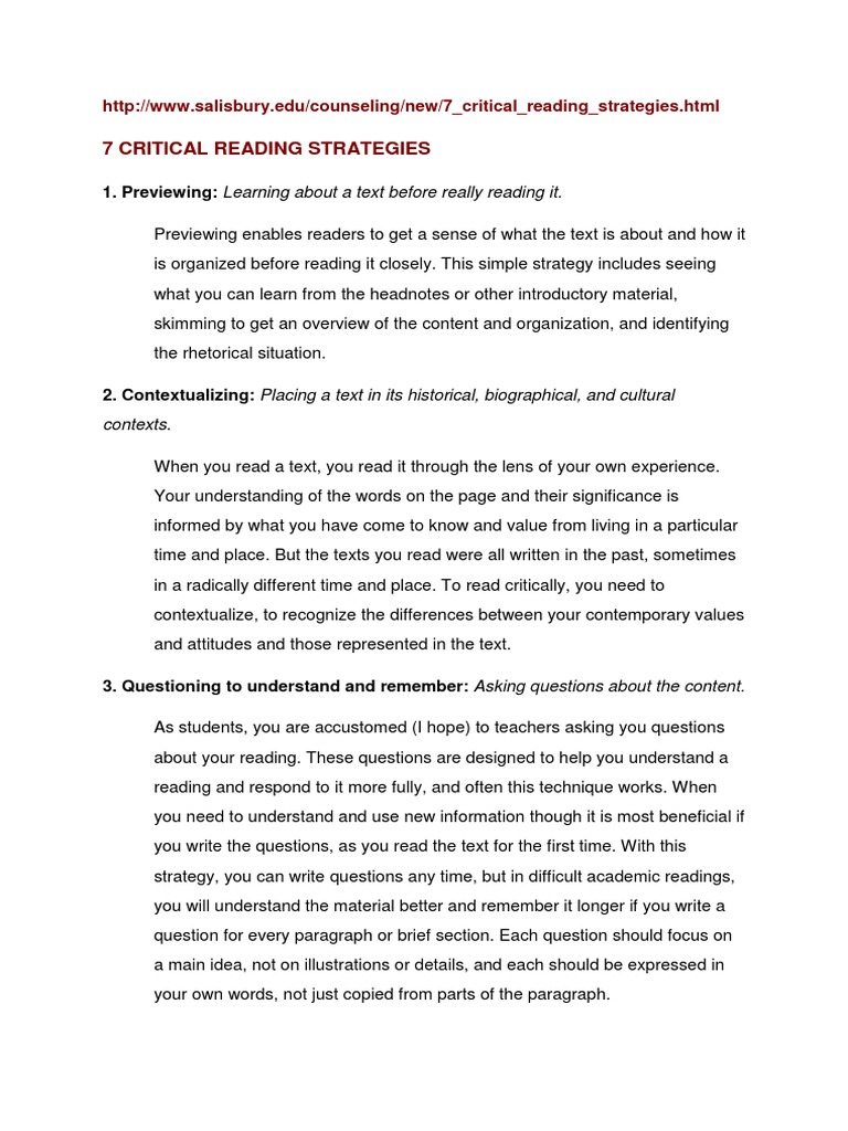 7 Essential Strategies for Critical Reading | PDF | Argument | Reading ...