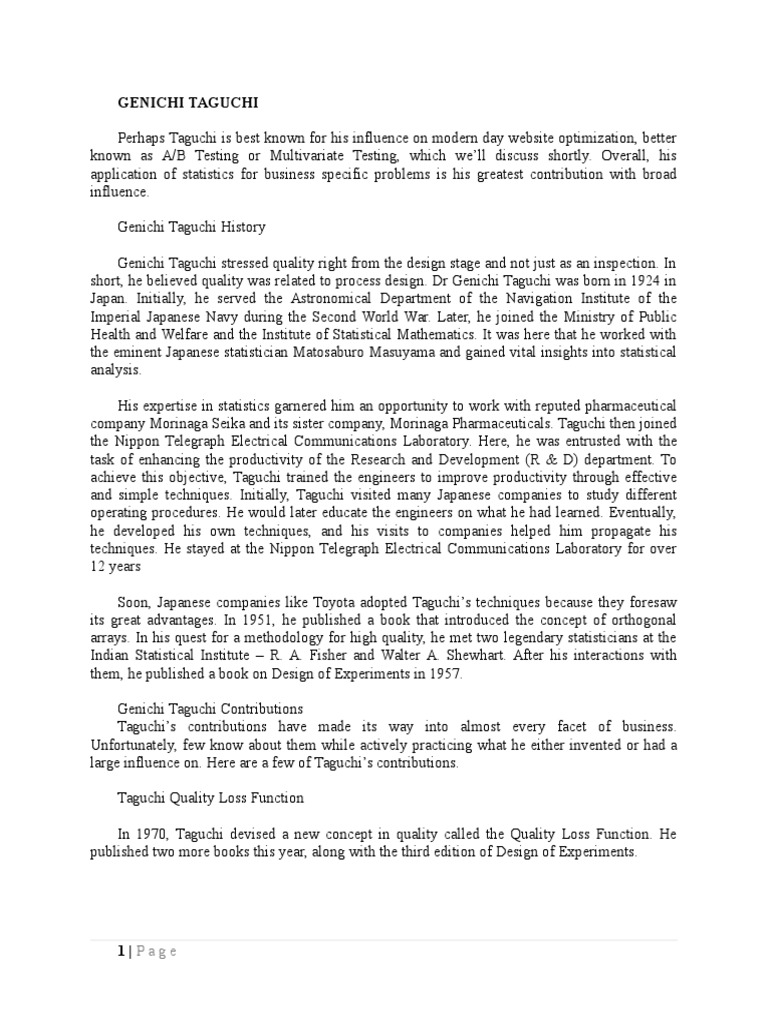 Genichi Taguchi | PDF | Popcorn | Design Of Experiments