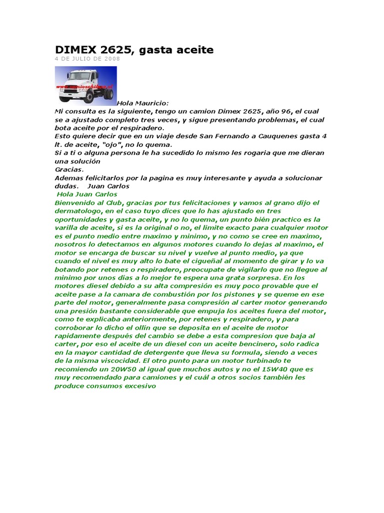 Problemas de Aceite en Dimex 2625 | PDF