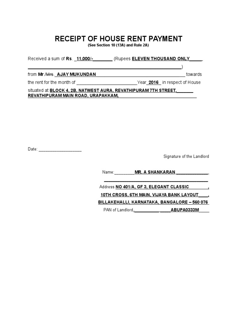 Receipt of House Rent Payment | PDF