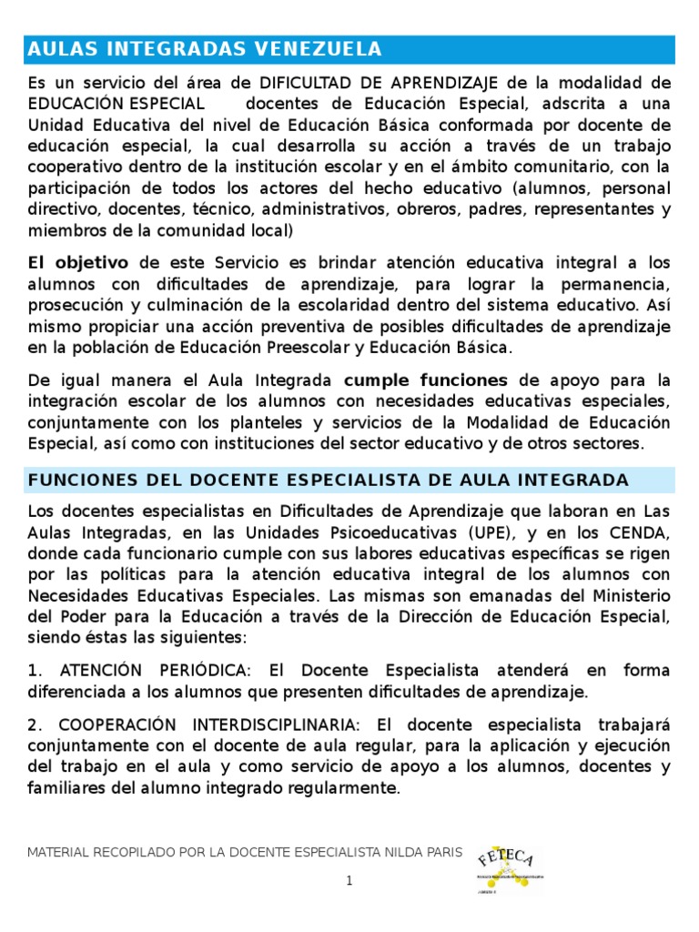 Aulas Integradas Venezuela | PDF | Jardín de infancia | Educación especial