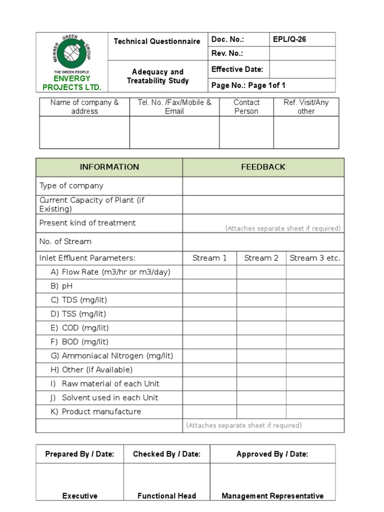 Technical Questionnaire For Adequacy and Treatability Study | PDF