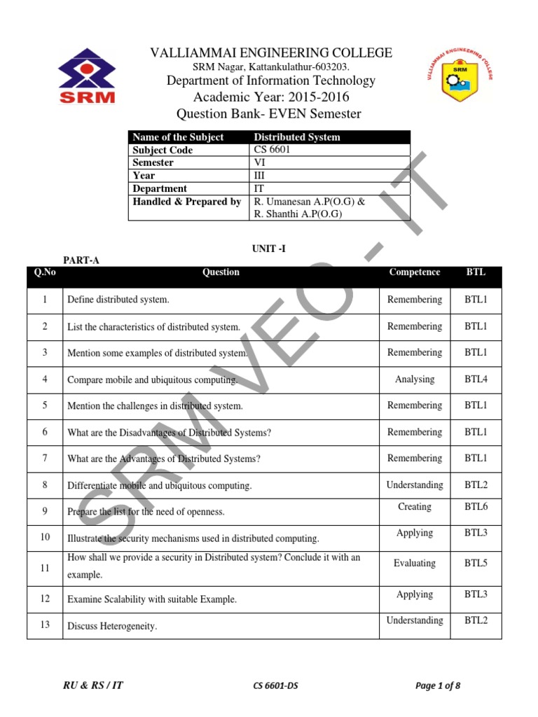CS6601-Distributed Systems Two Marks Question Bank | PDF | Distributed Computing | Scheduling ...