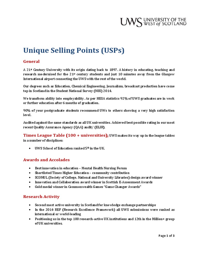 Unique Selling Points (Usps) : General | PDF | Higher Education | Academia