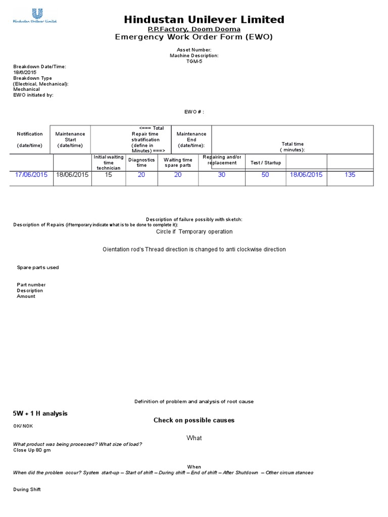 Hindustan Unilever Limited: Emergency Work Order Form (EWO) | PDF