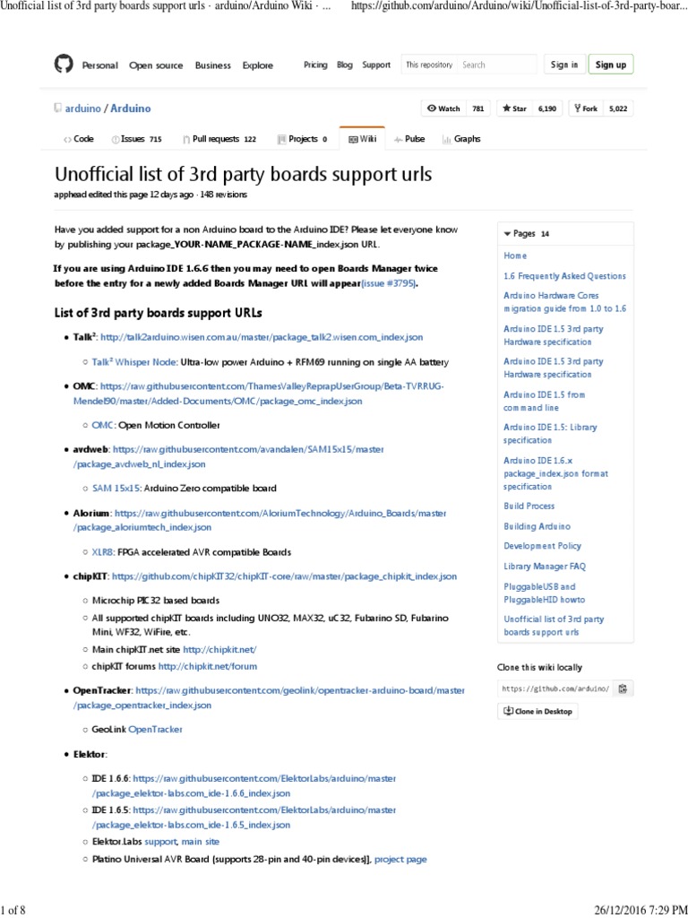 Unofficial List Of 3rd Party Boards Support Urls Arduino Arduino Wiki Github Pdf Arduino