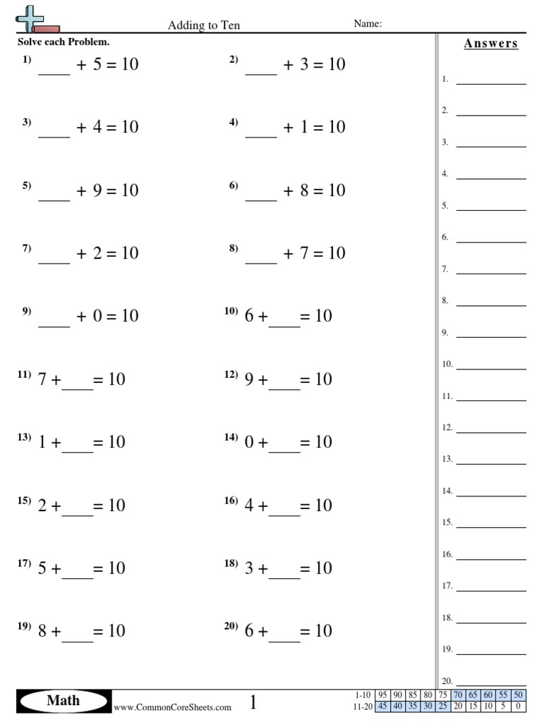 Adding To Ten: 1) 2) Solve Each Problem | PDF | Teaching Mathematics ...