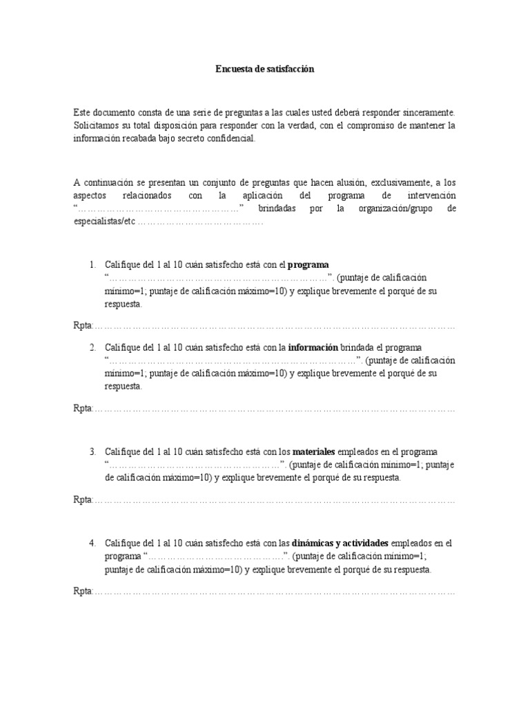 Modelo de Encuesta de Satisfacción para Participantes de Programas de ...
