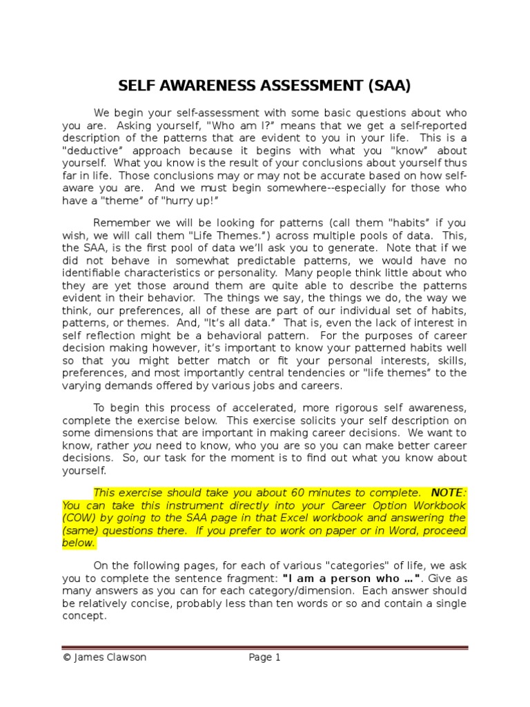 Self Awareness Assessment | Download Free PDF | Self Awareness ...