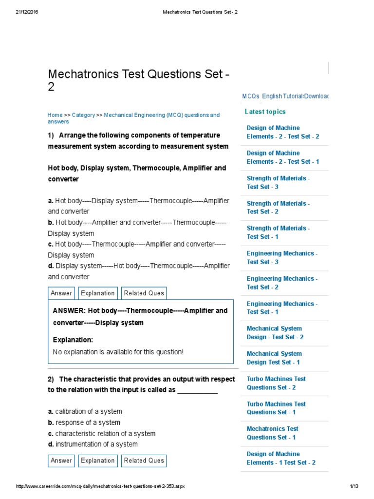 Mechatronics Test Questions Set - 2 | PDF | Machines | Control Theory