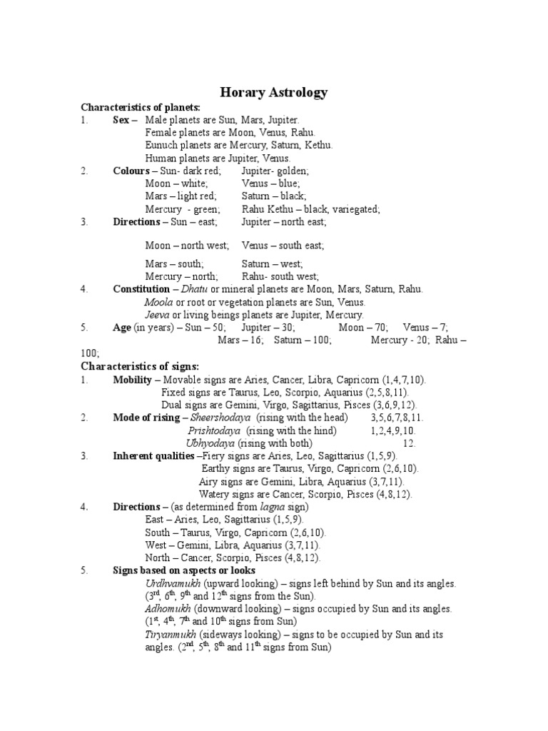 Horary Class | PDF | Planets In Astrology | Astrological Sign