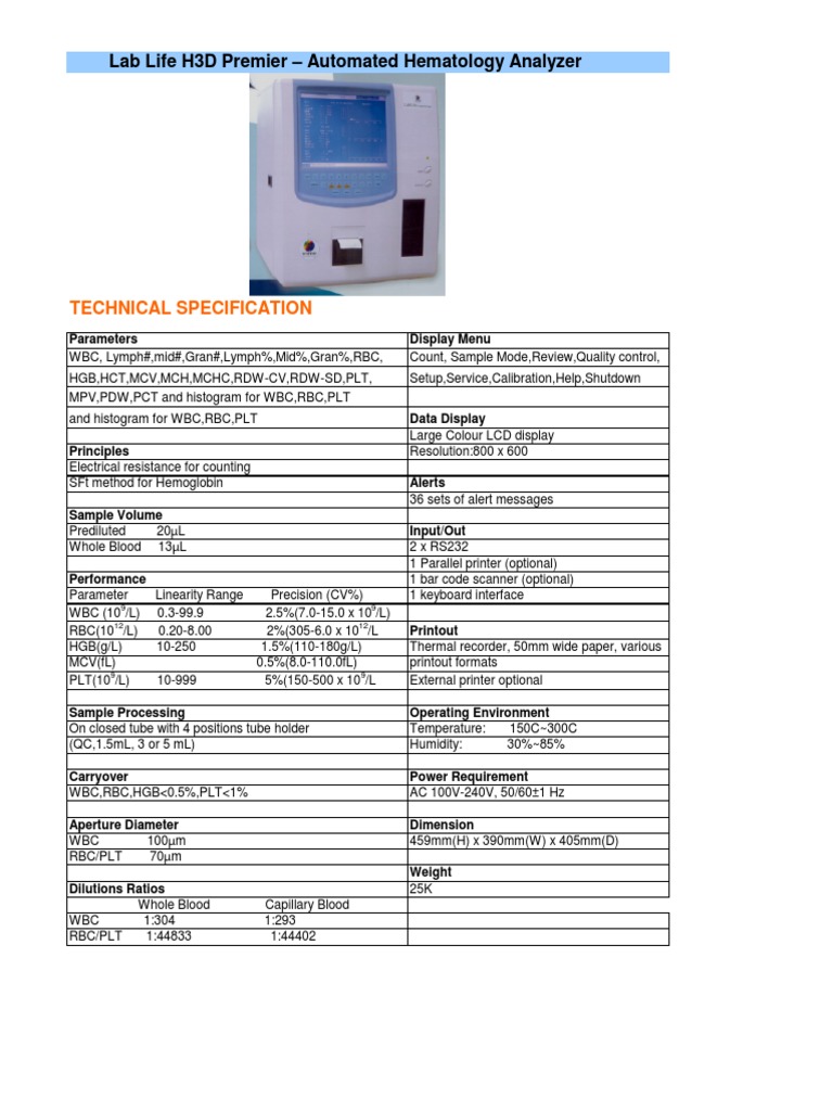 H3D Premier Hematology Analyzer Specs | PDF | Technology & Engineering