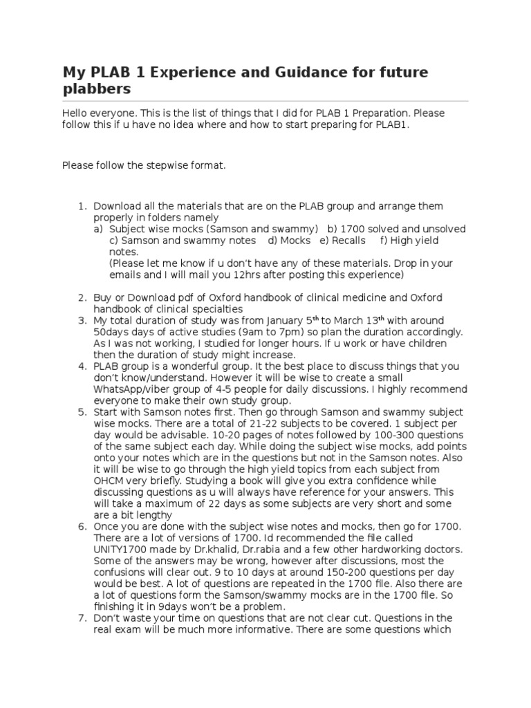 PLAB 1 Preparation Guide and Tips | PDF | Question