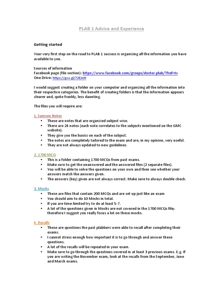 PLAB 1 Advice and Experience | PDF | Wellness | Medical