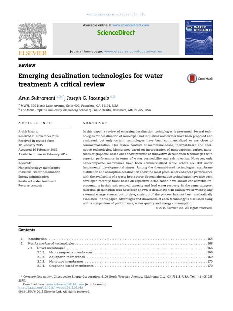 Emerging desalination technologies for water treatment - A critical ...