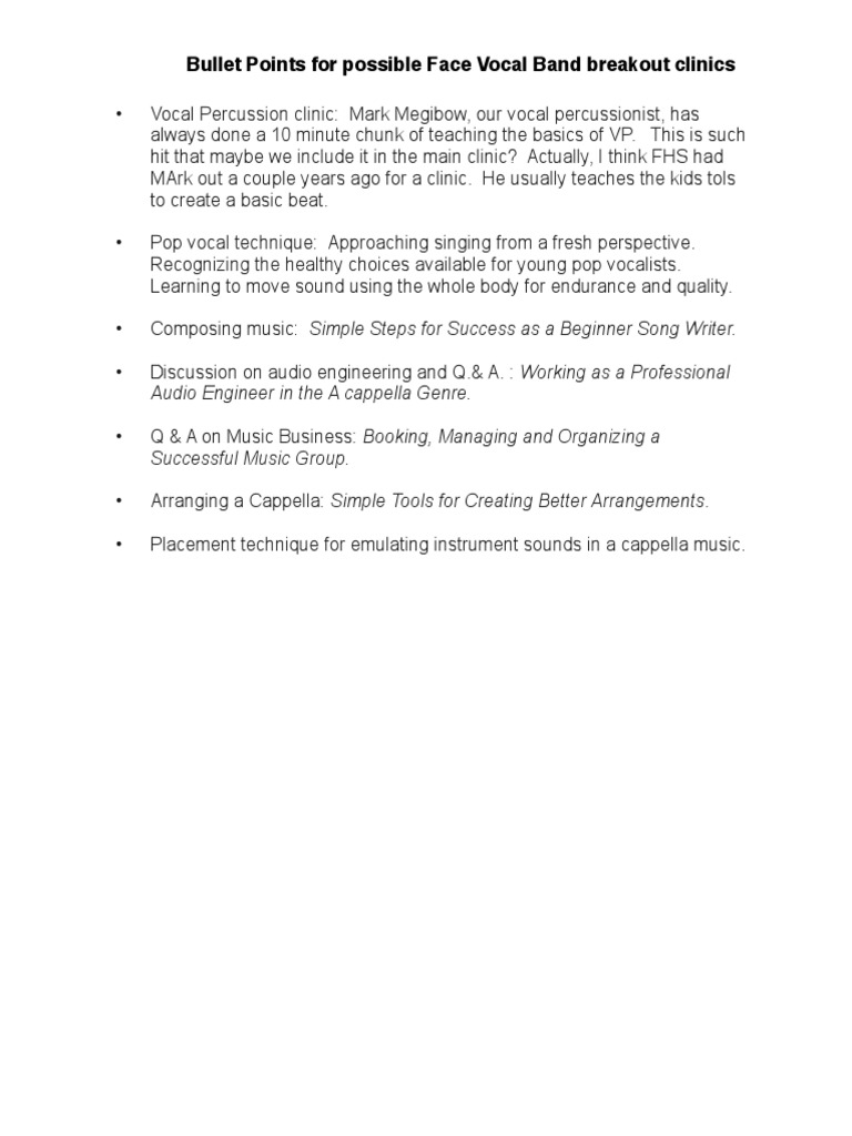 Bullet Points For Possible Face Vocal Band Breakout Clinics: Audio ...