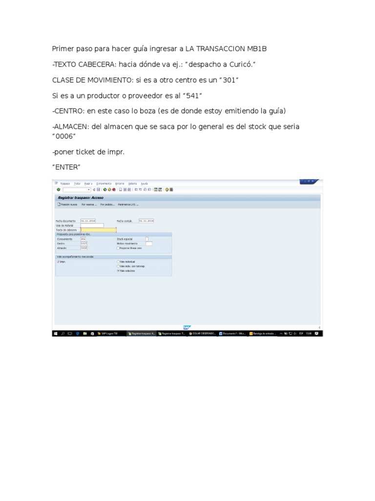 Primer Paso para Hacer Guía Ingresar A LA TRANSACCION MB1B | PDF