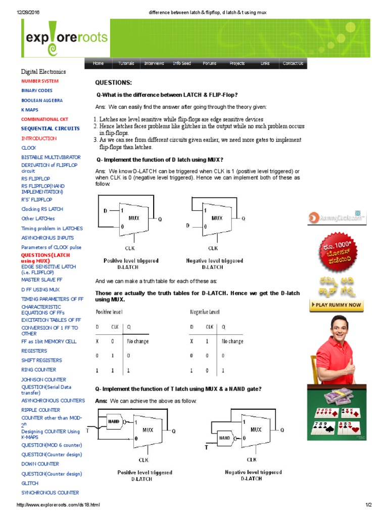 Difference Between Latch & Flipflop, D Latch & T Using Mux | PDF