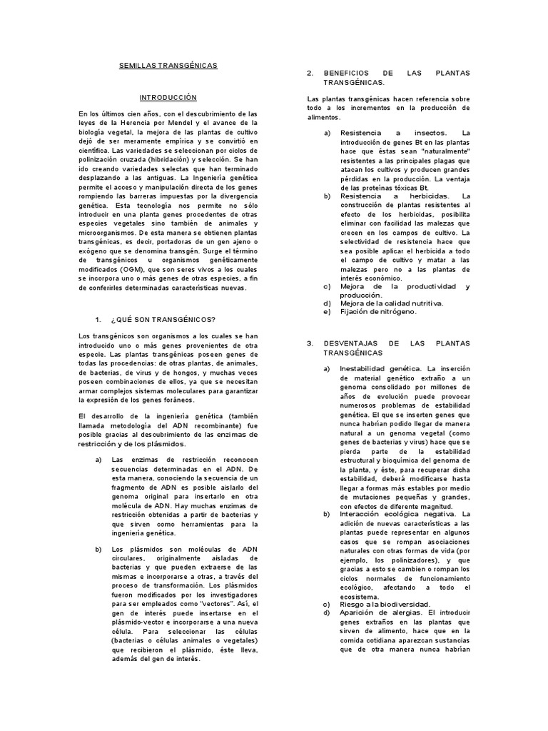 Semillas Transgénicas | PDF | Organismo genéticamente modificado | Plásmido