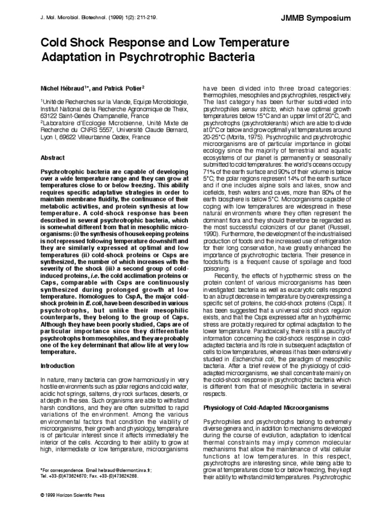 Cold Shock Response and Low Temperature Adaptation in Psychrotrophic ...