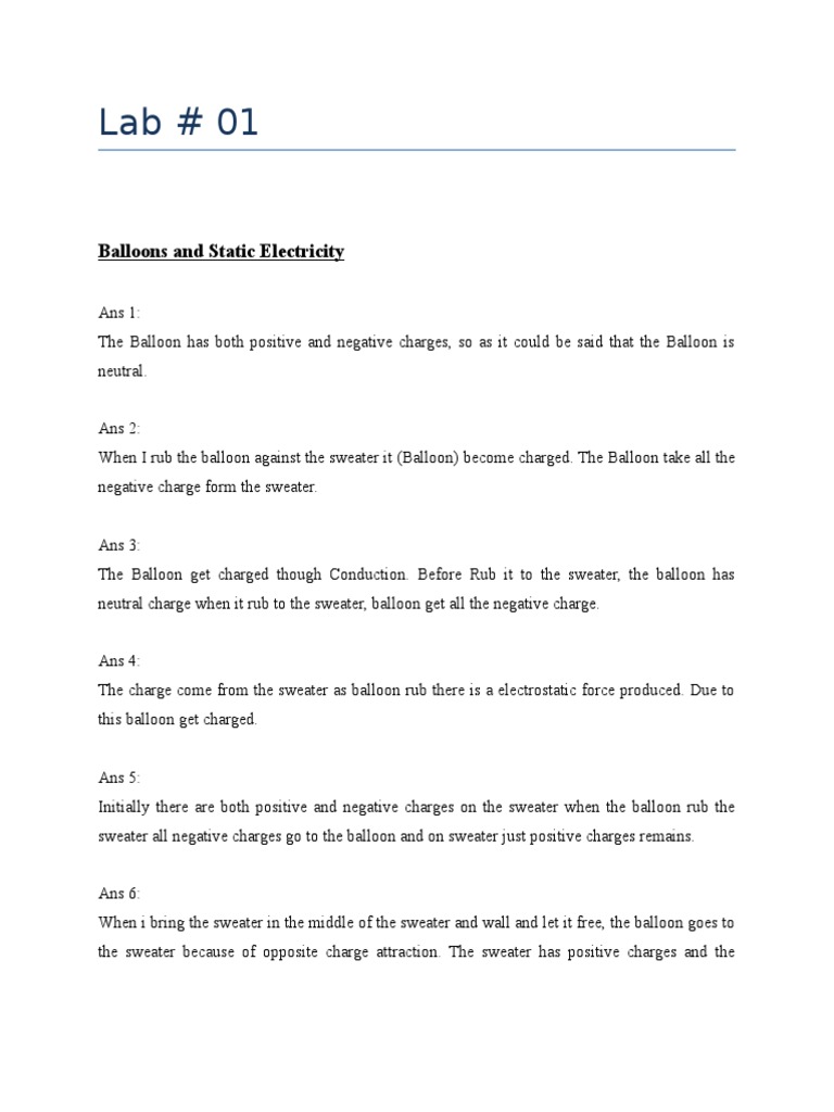 Balloon and Static Electricity Lab Insights | PDF | Electric Charge ...