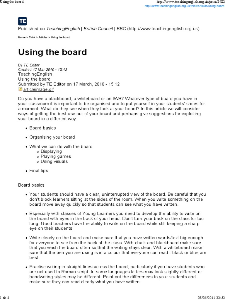 Using The Board PDF | PDF | Vocabulary | Classroom